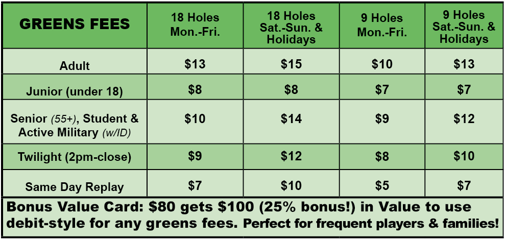 Rates & Hours - Colina Park Golf Course