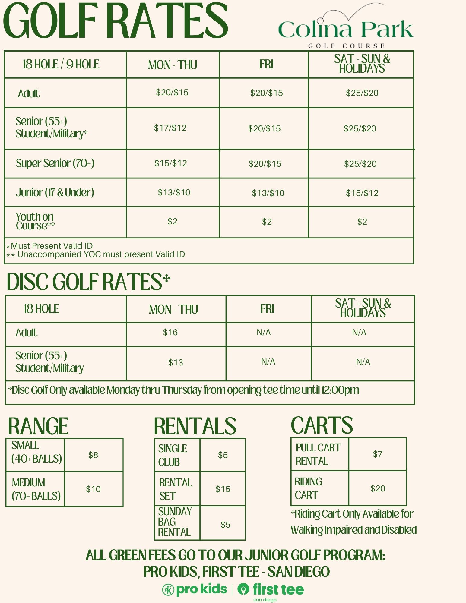 Rates & Hours - Colina Park Golf Course